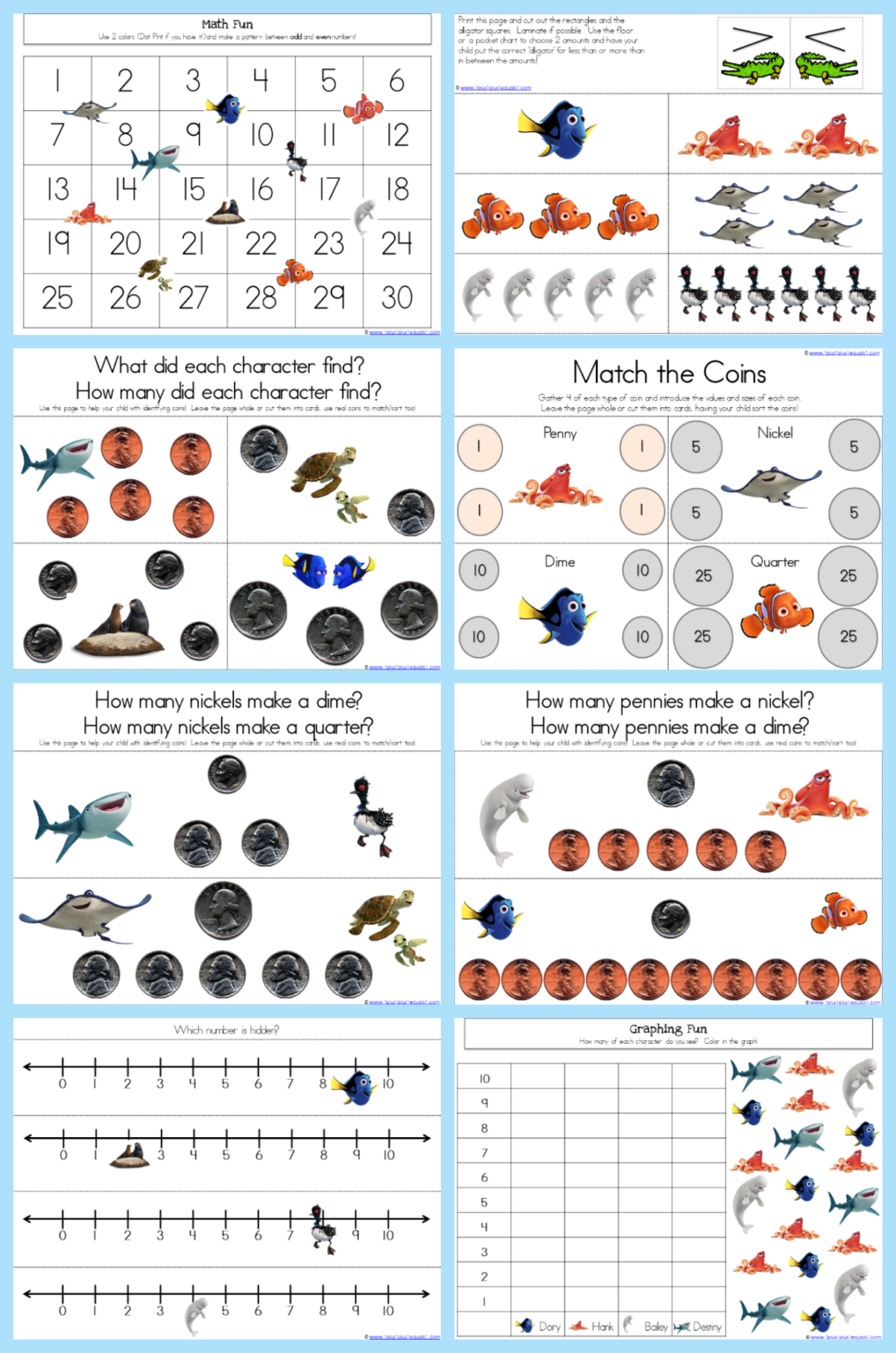Finding Dory Kindergarten Printables - 1+1+1=1