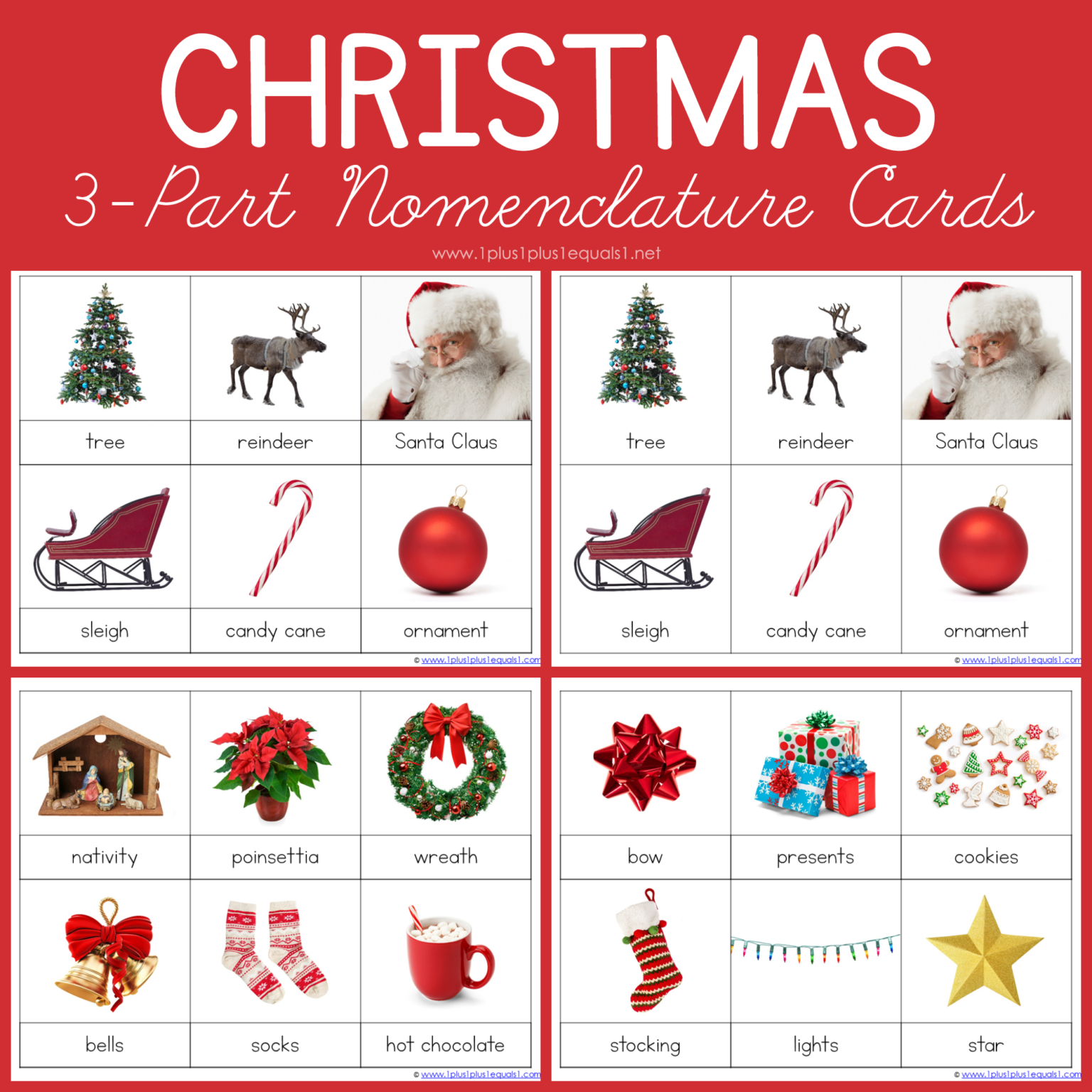 Christmas Theme Montessori Printables ~ 3 Part Cards - 1+1+1=1
