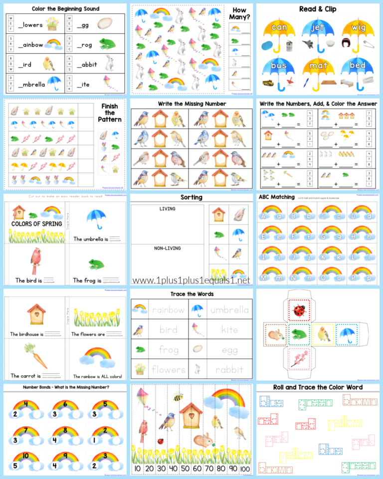 Spring Theme Kindergarten Printables - 1+1+1=1