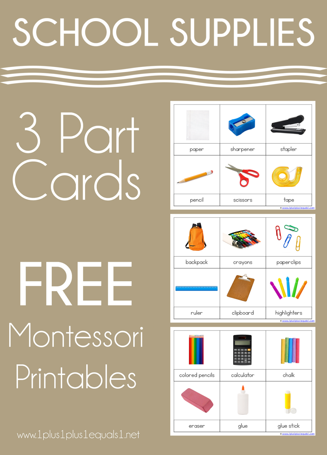 School Supplies 3 Part Cards - 1+1+1=1