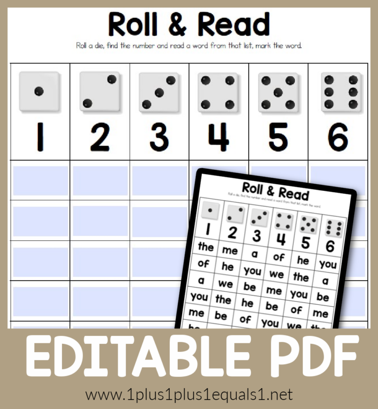 Roll, Find, Read, Squish - Fun Word Review Game with Editable PDF - 1+1+1=1