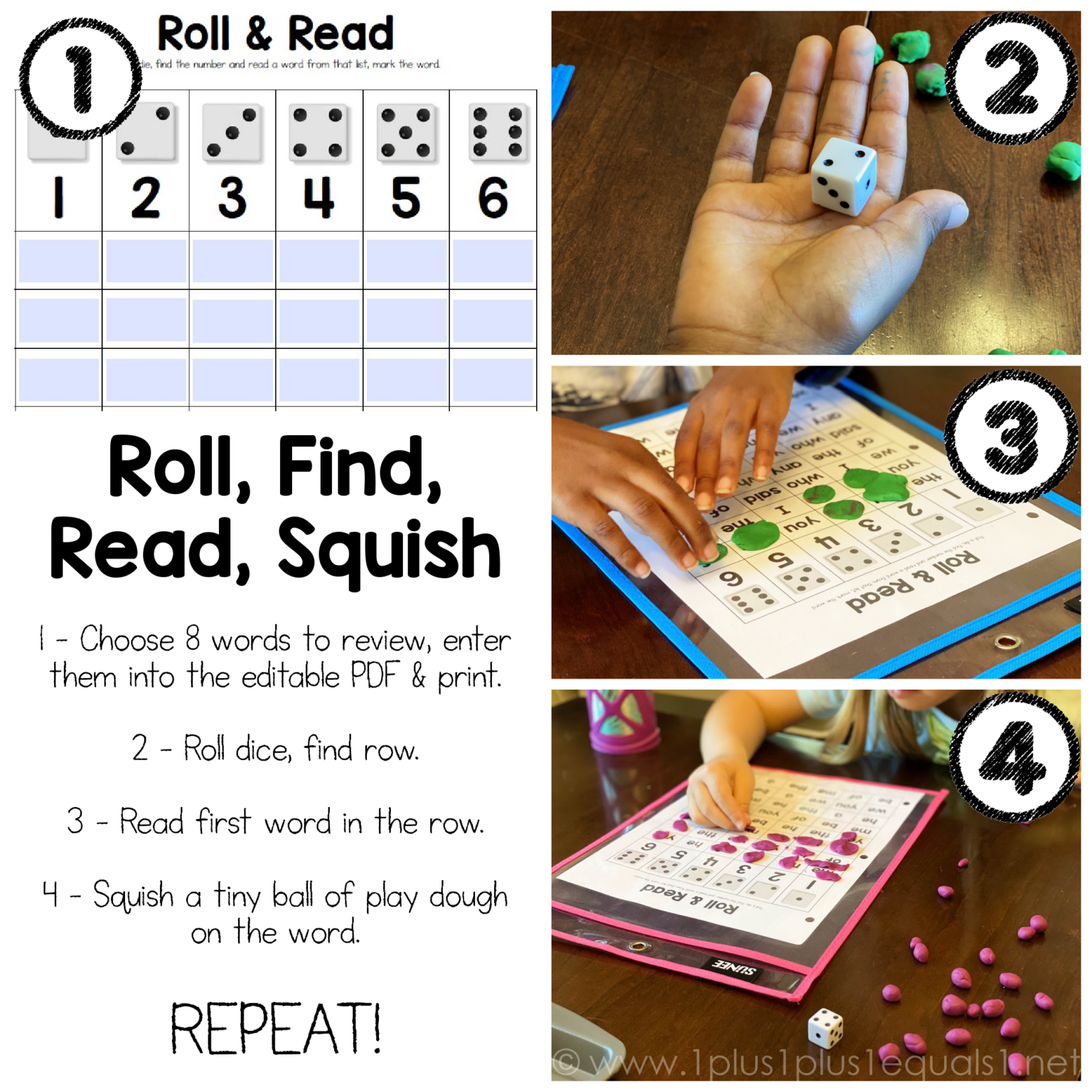 Roll, Find, Read, Squish - Fun Word Review Game with Editable PDF - 1+1+1=1