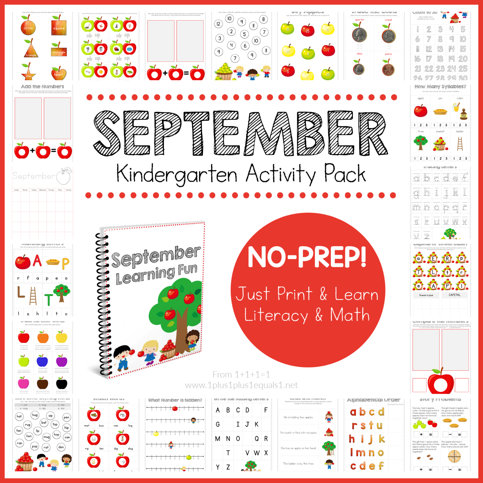 Apple Theme No-Prep Kindergarten Activity Pack for September - 1+1+1=1
