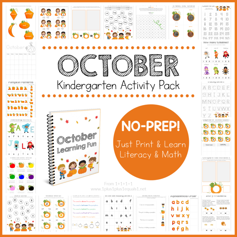 Pumpkin Theme No-Prep kindergartnen Activity Pack for October - 1+1+1=1