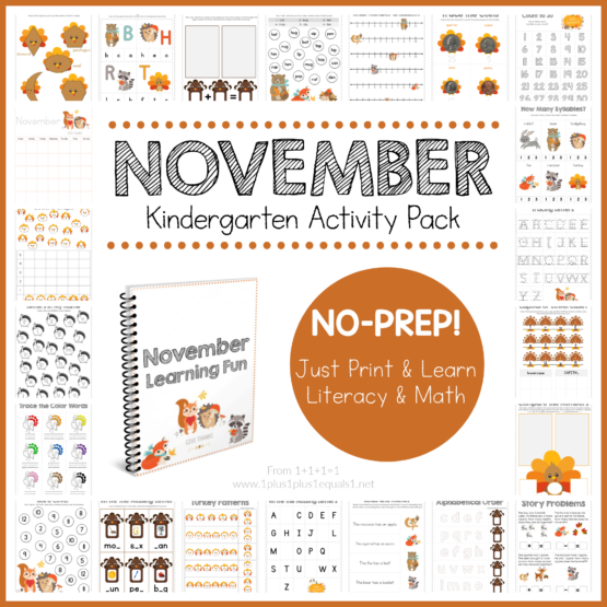Thanksgiving Theme Kindergarten No-Prep Activity Pack - 1+1+1=1