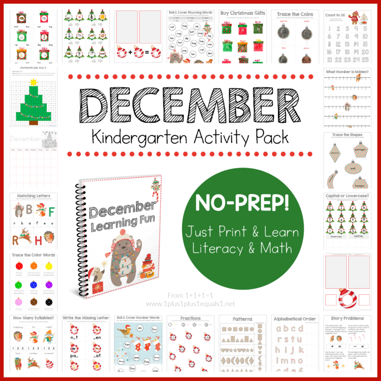 Christmas Theme Kindergarten No-Prep Activity Pack - 1+1+1=1